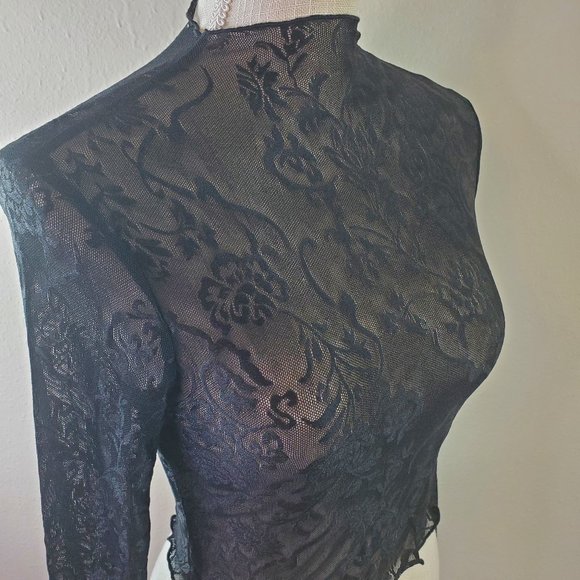 SHEIN | Tops | Shein Womens Black Floral Print Mock Neck Sheer Mesh Top ...
